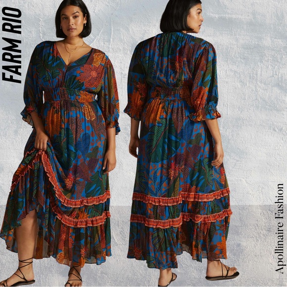 FARM Rio | Dresses | Farm Rio Puff Sleeves Floral Maxi Dress In Blue ...